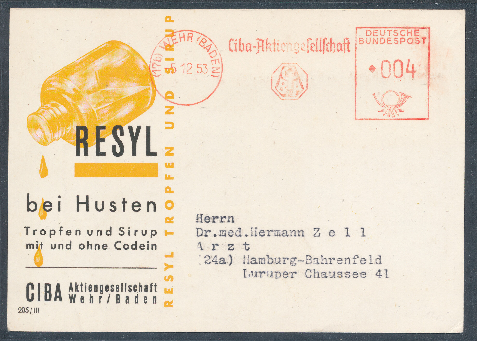 DR. Reklamekarte Resyl/Ciba Wehr/Baden mit AFS. · B&M Heinemann