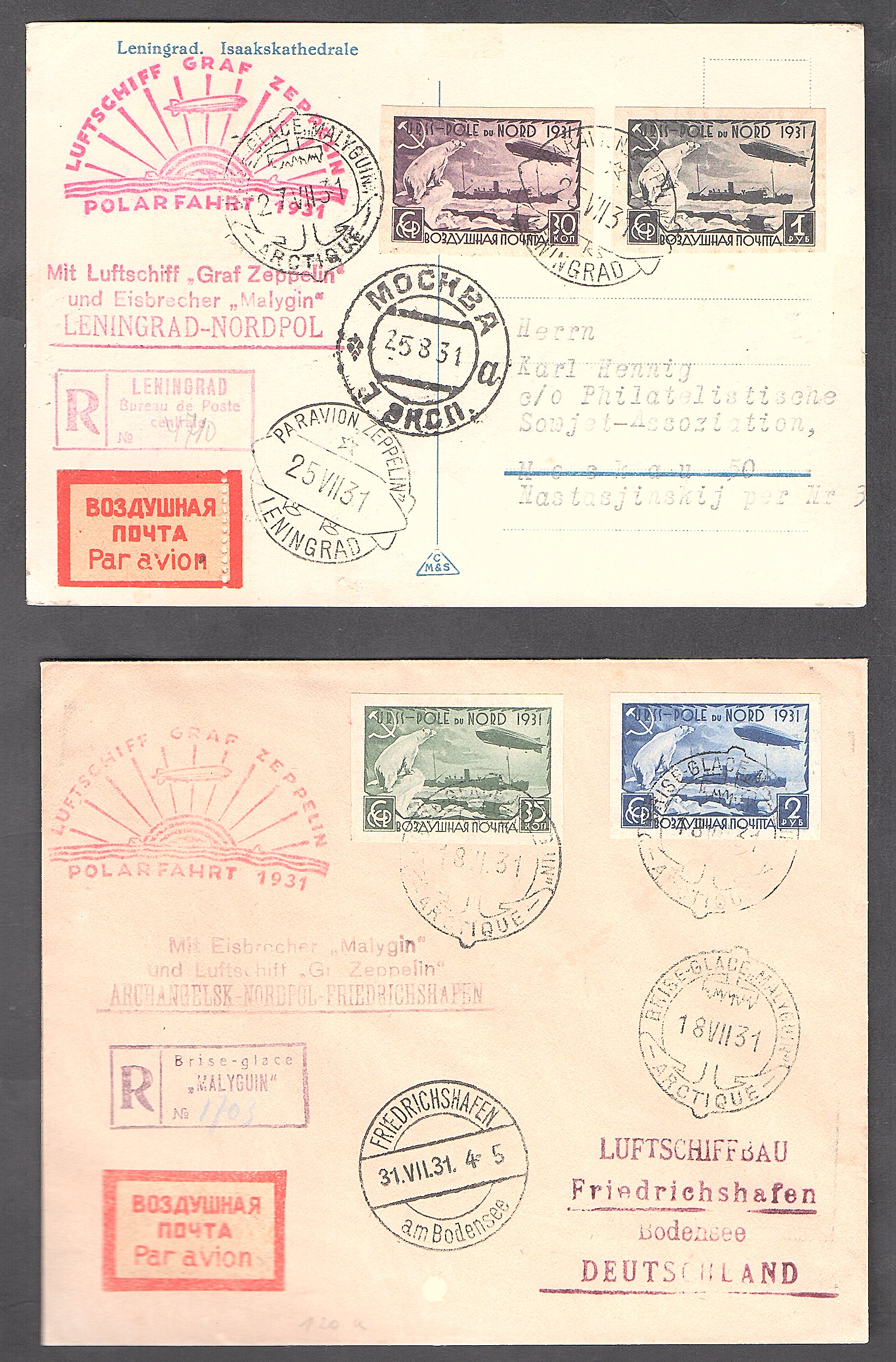 Soviet Union, Zeppelin-Brief, Polarfahrt 1931 Mi.-Nr. 402-405 B auf 2 ...